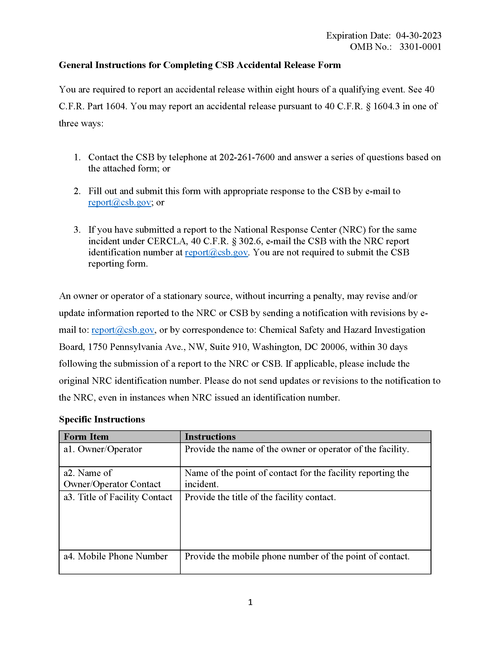 General Instructions for Completing CSB Accidental Release Form (.pdf ...