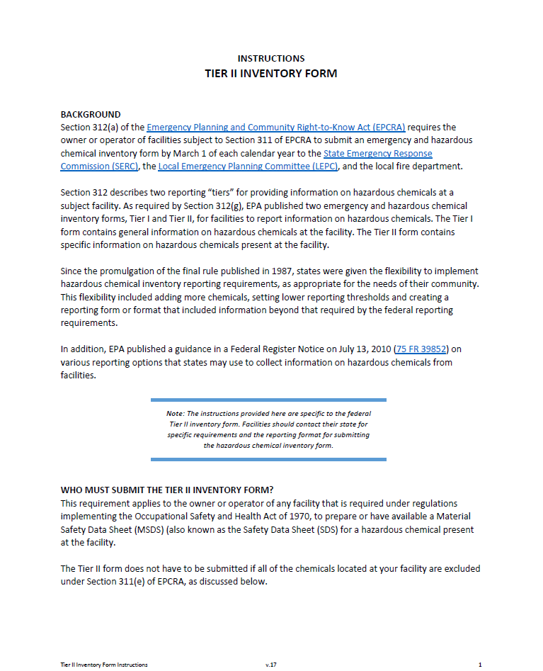 Instructions to the Tier II Emergency and Hazardous Chemical Inventory ...